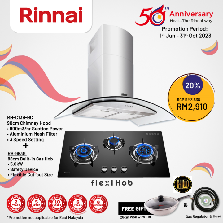Rinnai RH-C139-GC 90cm Chimney Cooker Range Hood (Silver) + RB-983G ...