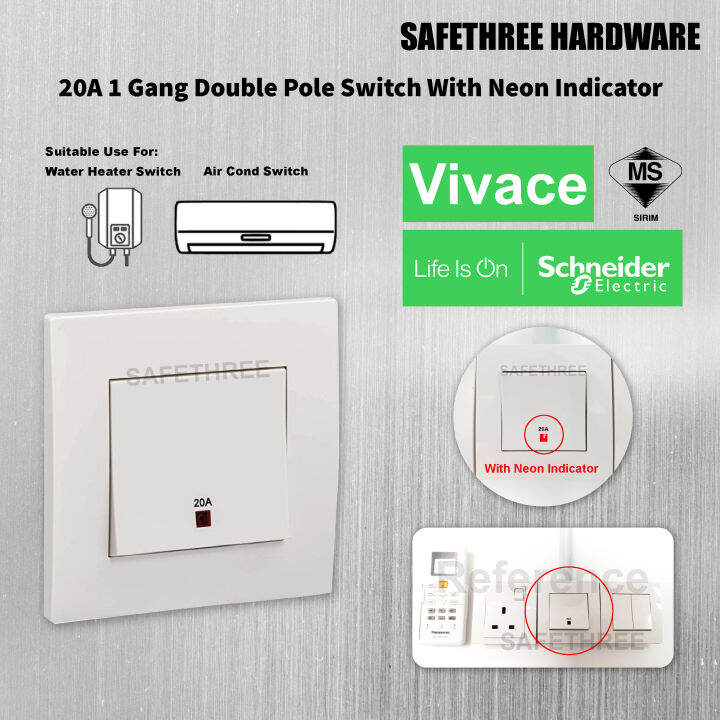Schneider Vivace White 20A Double Pole Switch 1 Gang 1 Way with Neon ...