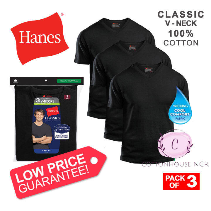 3 pcs Hanes Classic V-Neck Black Color T-Shirt 100% Cotton | Lazada PH