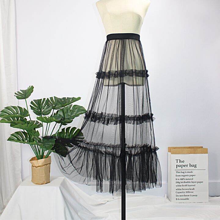 【Shibel dress】 women pleated mesh sheer mesh lace tutu long maxi skirt ...