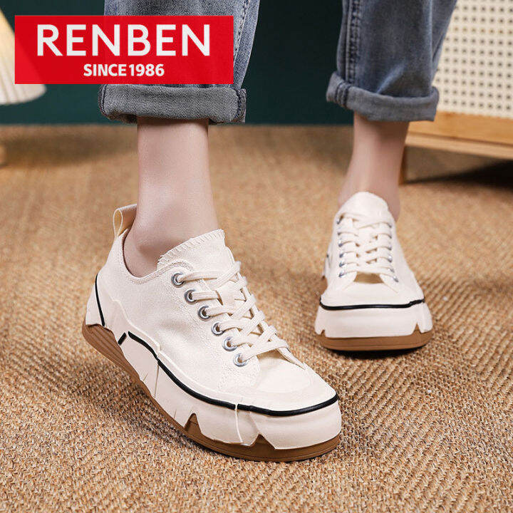 RENBEN รองเท้าแพลตฟอร์มหัวกลมสำหรับผู้หญิงอเนกประสงค์สไตล์ฮ่องกงรองเท้าสีขาวลำลองและน้ำหนักเบา ...