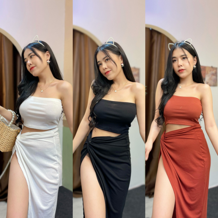 🌈MesubShop🌈 ชุดเช็ต 2ชิ้น🧡💚แซ่บเวอร์‼️ เสื้อเกาะอก + กระโปรงแหวกข้าง💜🧡💚ใส่แล้วเซ็กซี่มากๆ 🌈รุ่น ...