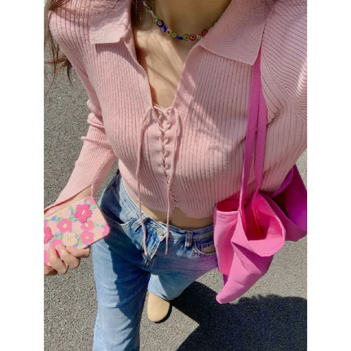 Coconie เสื้อสเวตเตอร์ถักสายรัดผู้หญิงสไตล์เกาหลีใหม่เสื้อสีชมพูหวาน ...