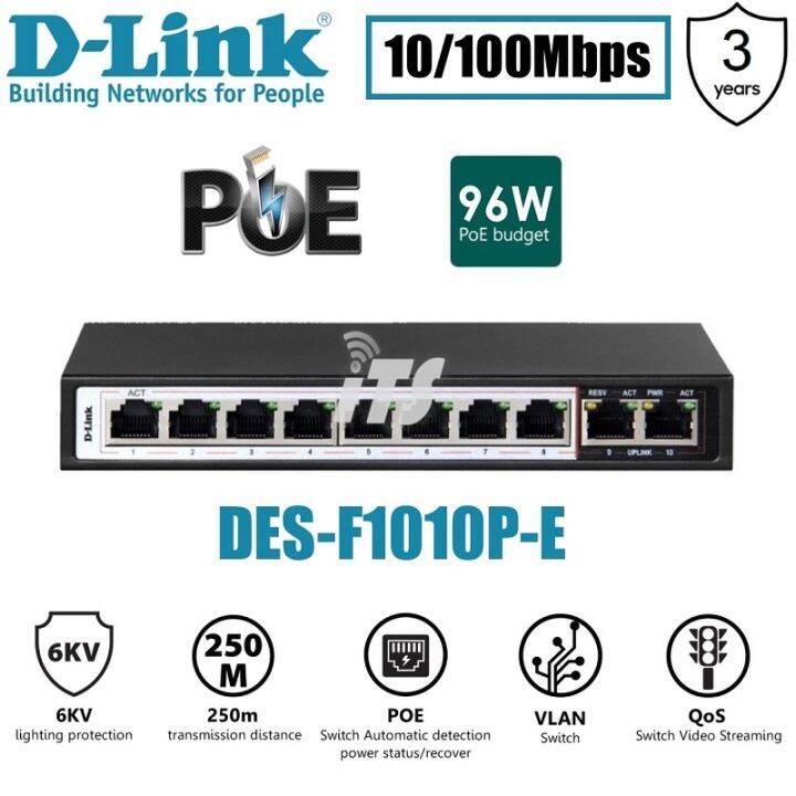D-Link 250M 10-Port 100Mbps Switch with 8 PoE Ports and 2 Uplink Ports ...