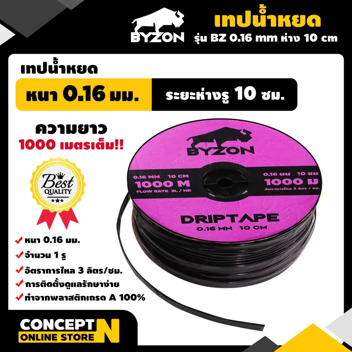 เทปน้ำหยด BYZON ความหนา 0.16 มม. ระยะห่างรู 10 ซม.(1 รู)(2รู) ยาว 1000 เมตรเต็ม สายน้ำหยด สายน้ำ ...