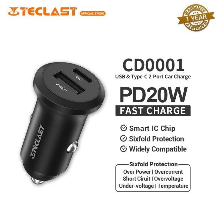 TECLAST CD0001 20W PD Fast Charge Mini Car Charger Universal USB Type-C ...