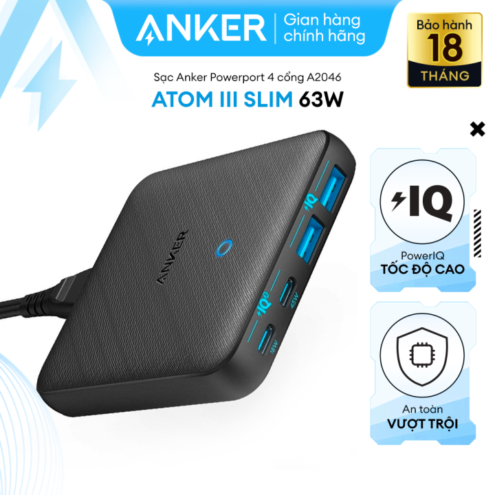 Sạc Anker 4 cổng, công suất 63w, PowerPort Atom III Slim - A2046 | Lazada.vn
