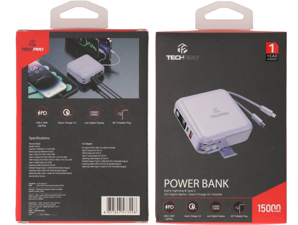 TECHPRO Power Bank 15000 mAh 1xUSB-A /1xType-C LED Display 2 in 1 Cable ...