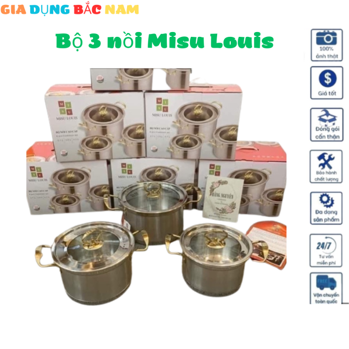 ( Chính hãng ) Bộ 3 nồi Misu Louis inox 304 Cao cấp, đáy 3 lớp nguyên ...