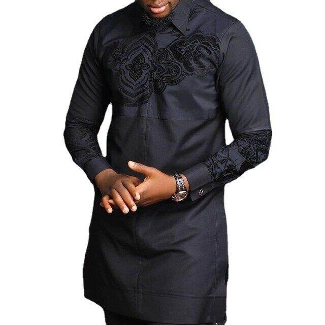 Black shirt men african style slim fit long robe male clothing 2022 ...