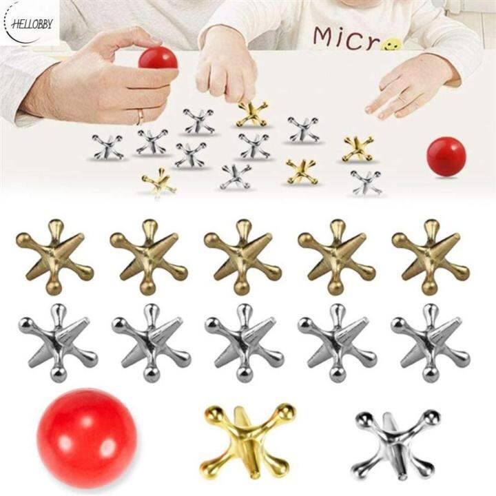 HELLOBBY 11pcs/set Gold Silver Toned Metal Jacks Puzzle with Red Rubber ...