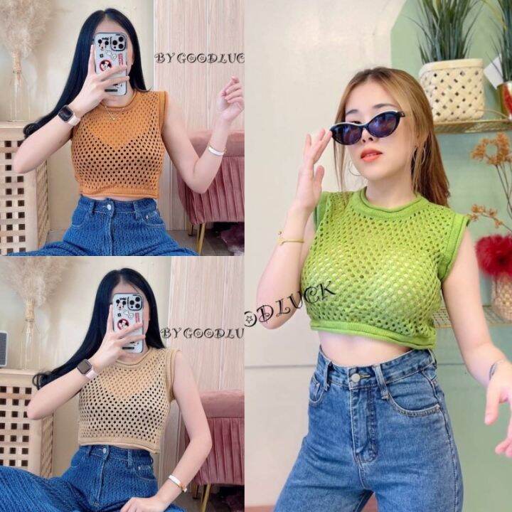 🌈 MesubShop 🌈มินิครอปท็อป ⛱CROPTOP👚 เสื้อซีทรู สิคะรอไร‼️ทอลายฉลุรังผึ้ง เอวลอยคอกลมแขนกุด ดีเซล ...