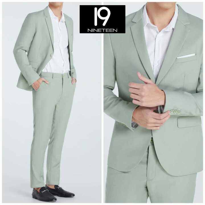 19Nineteen พร้อมส่ง ชุดสูทผู้ชาย สีเขียวพาสเทล แยกขาย เสื้อสูททรงสลิมเข้ารูป 2 กระดุม กางเกงทรง ...