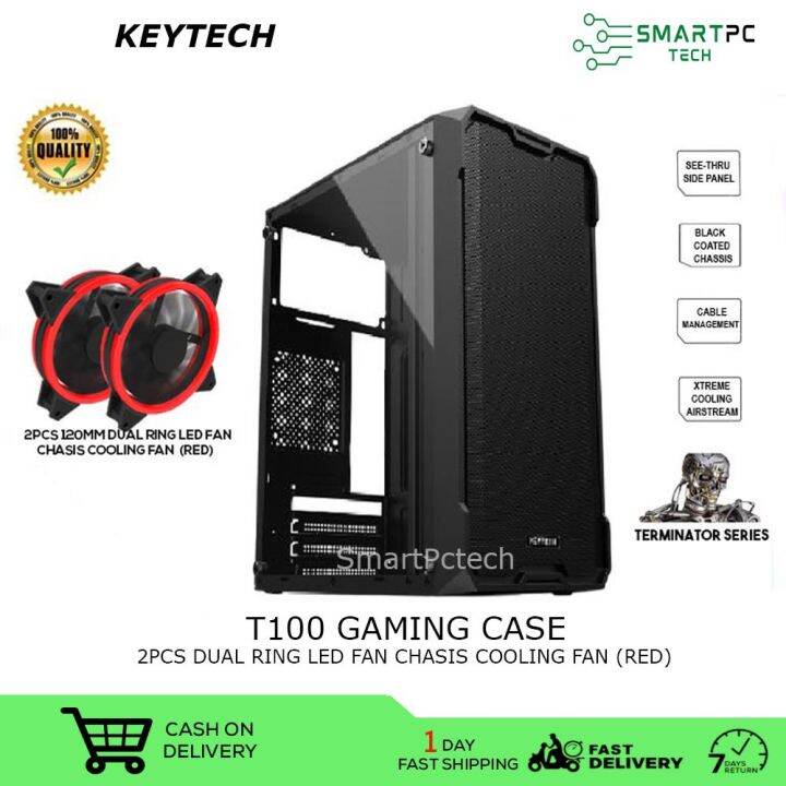 KEYTECH T100 TEMPERED GLASS Side MESH Front panel, 2PCS GSTORM 120MM DUAL RING LED FAN Gaming PC ...