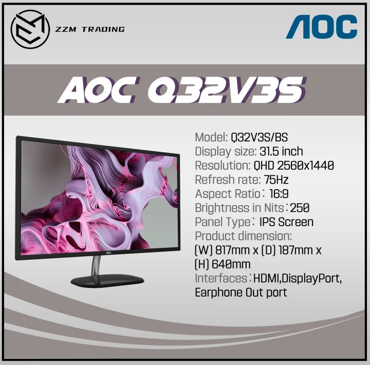 AOC Q32V3S/BS 31.5" 75Hz QHD IPS LCD Monitor | Lazada PH