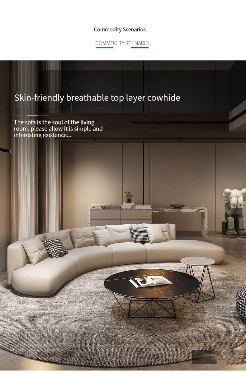 TATA HOME Nordic Leather Sofa โซฟาตัวยู Curved โซฟาสีครีม Minimalist ...