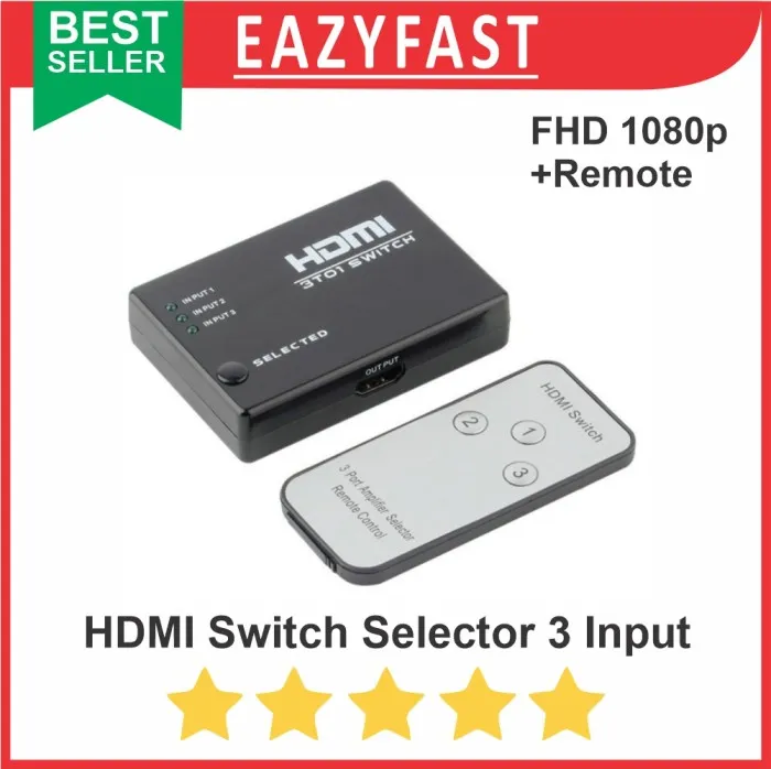 HDMI Switch Select 3 Input Port FHD HD 1080P Remote Switcher Selector ...