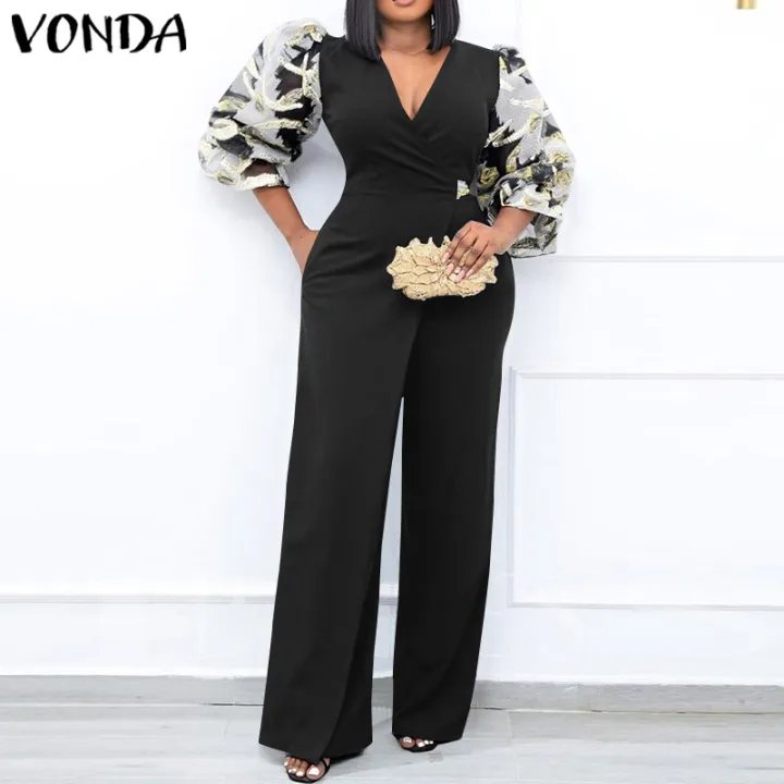 Vonda Women 3 4 Sleeve V Neck Long Jumpsuits Elegant Party Playsuits