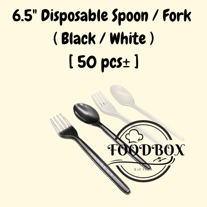 FOODBOX - 6.5" Disposable Spoon Fork White / Black 50pcs± Party Fork ...