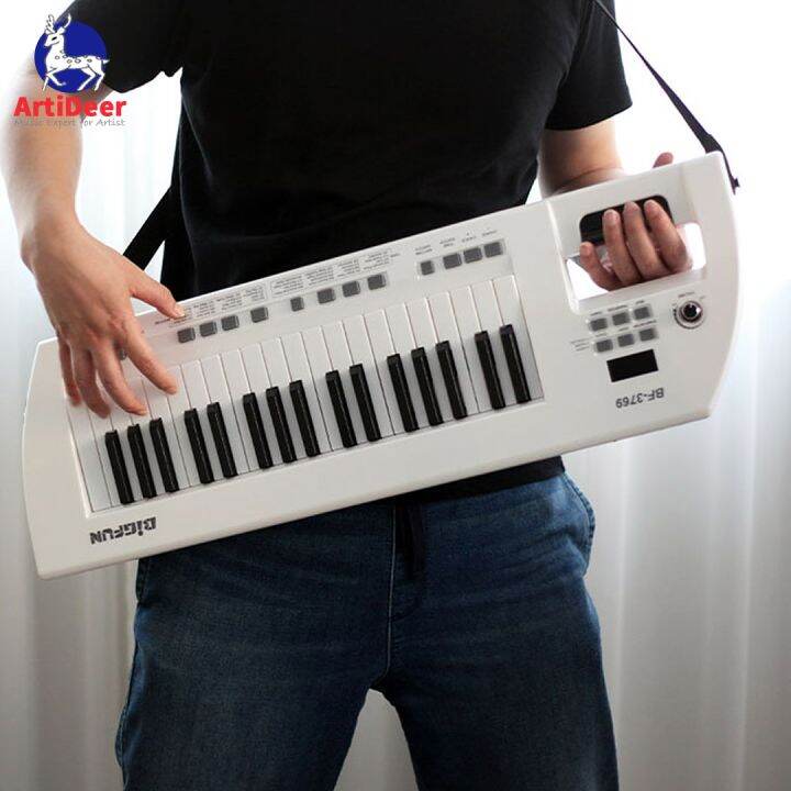 สายคีย์บอร์ดเปียโน Keytar มินิ37คีย์โอคาริน่าเด็กดิจิตอลซินธิไซเซอร์อิเล็กทรอนิกส์ตัวควบคุมมิดิ ...