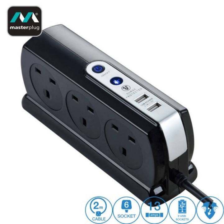 Masterplug 6 GANG Power Block, 2M W/Swich + Surge + 2 x USB 3.1A | Lazada