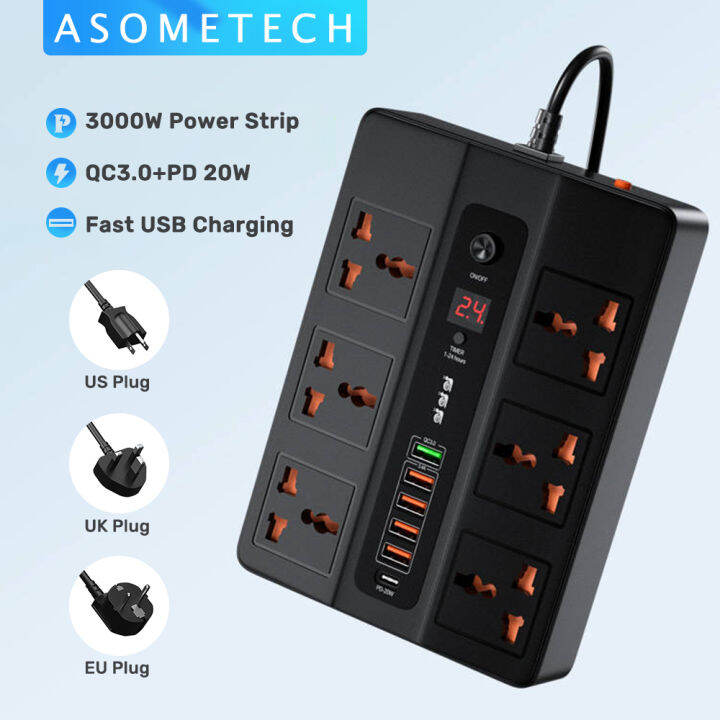 ASOMETECH 6 Ports 20W PD QC3.0 USB Quick Charge USB C Fast Charging Station Adapter 3000W 6 AC ...