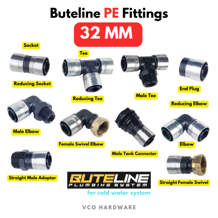 [ 32 MM ] Buteline PE Fittings for Cold Water System / Socket Elbow Tee ...