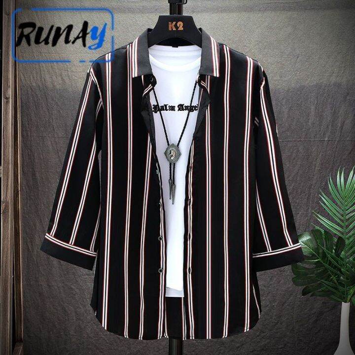 RUNAY เสื้อแขนยาวผู้ชายลายทางแนวตั้ง,เสื้อเชิ้ตผู้ชายไอซ์ซิลค์แขนปาน ...