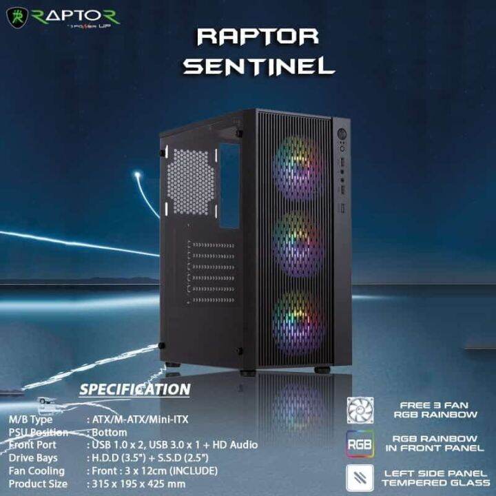 Casing PC Power Up Raptor Sentinel Mid Tower ATX With 3 Fan Case RGB ...