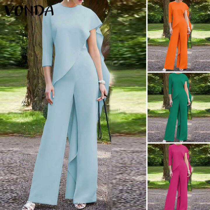 Beehoo VONDA ชุดชุดทำงานของผู้หญิงเสื้อยืดคอกลมแขนเสื้อกางเกงขากว้างไม่ ...