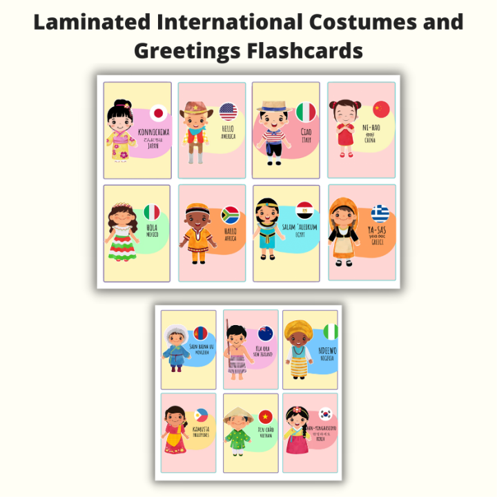 Laminated International Costumes and Greeting Flashcards for Kids ...