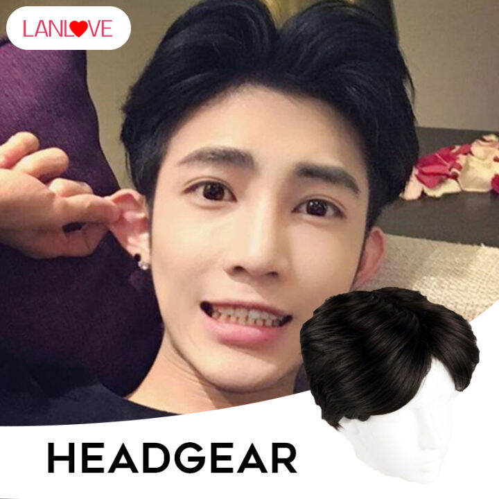 LANLOVE Men's Black Wig Boys Short Centre Parted Bangs High Temperature ...