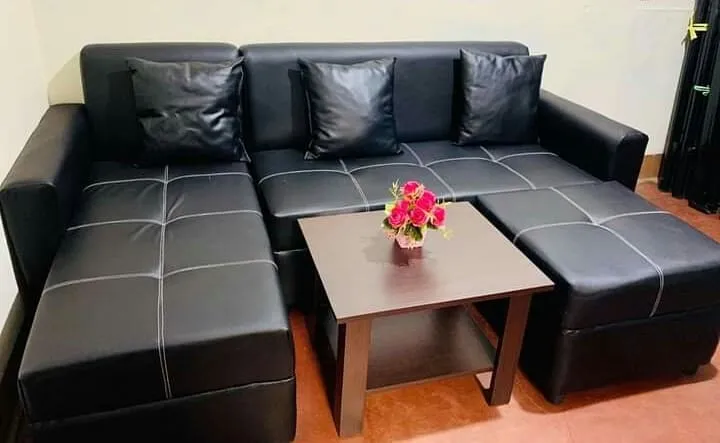 SALA SET L SHAPE BLACK LEATHER WITH CENTER TABLE | Lazada PH