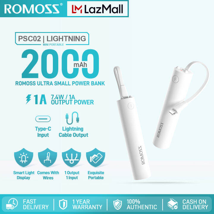 TCT Romoss PSC02 2000mAh 7.4W Built-in Cable Powerbank Pocket-Bar Type ...