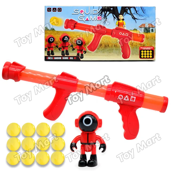SQUID GAME BALL BLASTER Pump Action Launcher w/ 12 Balls + 1 Pink Guard ...