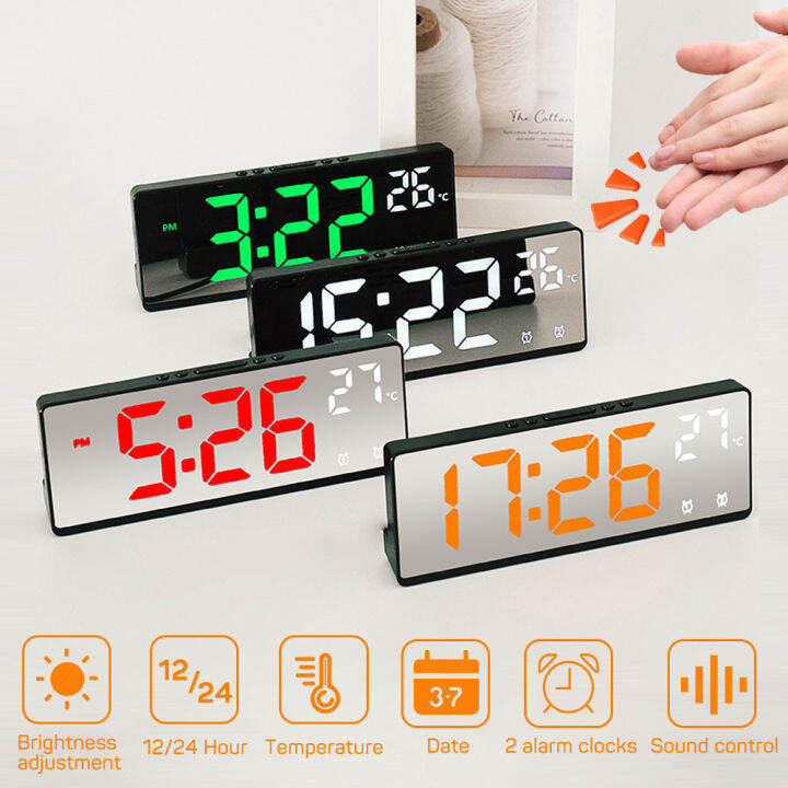 Voice Control LED Digital Alarm Clock Mode 12/24H Battery Powered Table ...
