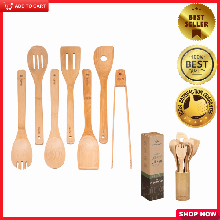 Natural Wooden Utensils Set with Holder | 8 in 1 Eco Friendly-Bamboo ...