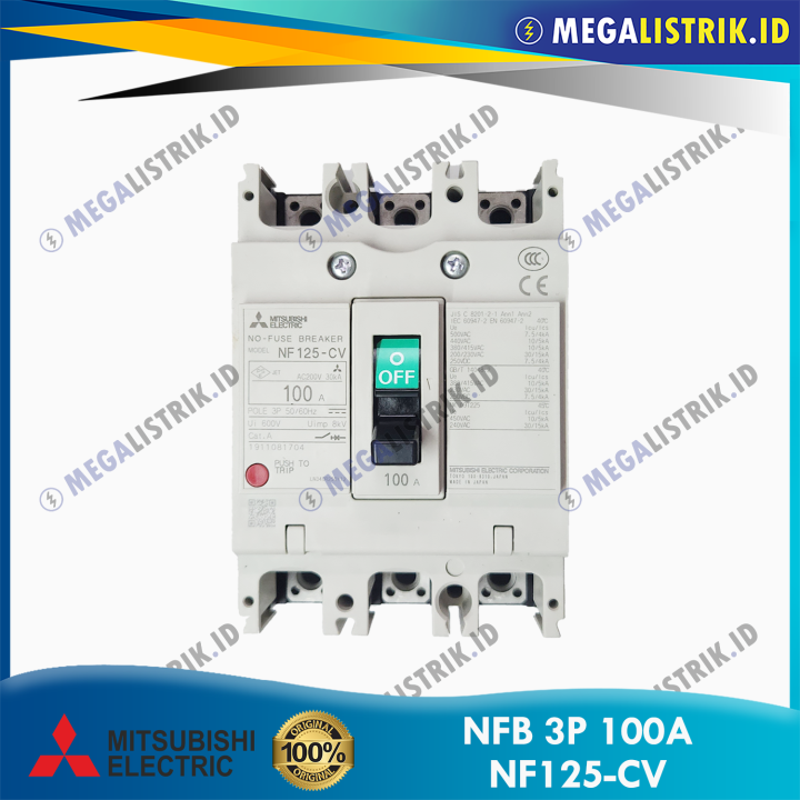 MITSUBISHI NFB 3P 100A NF125-CV / MCCB / NO FUSE BREAKER CIRCUIT LISTRIK NF125CV 3 PHASE 100 ...