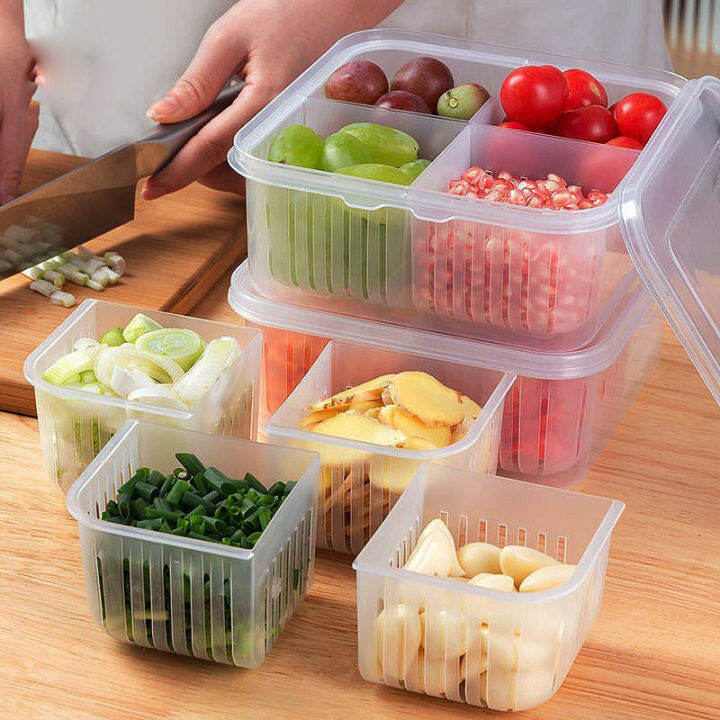 4 Grid Kitchen Food Storage Container Drain Box Onion Ginger Garlic ...