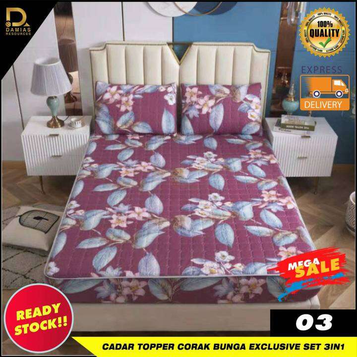 Cadar Topper Anti Kedut Corak Bunga Exclusive Set 3 in 1 Size Queen ...