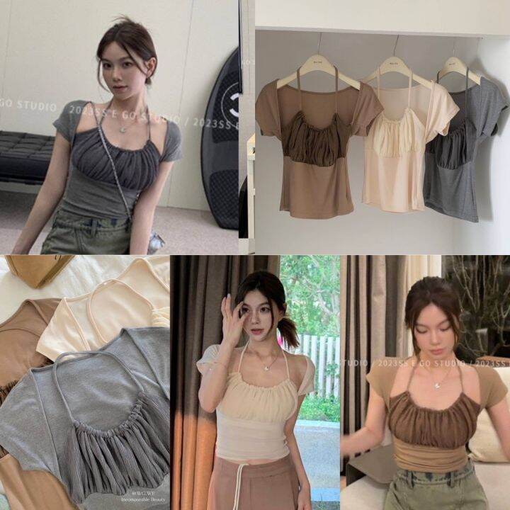 Nudeaholic 💚💙 5294 เสื้อดีไซน์เก๋ แขนสั้น มีสายเดี่ยวคล้องคอ ผ้าจับจีบ ...