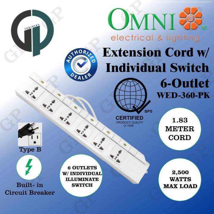 Omni WED-360-PK Extension cord 6-switch & 6-Multiple plug outlets ...