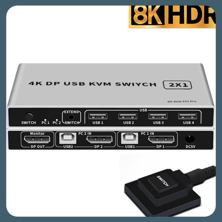 8K DP KVM Switch 2X1 Displayport USB KVM Switch 2 In 1 Out 4K 60Hz DP 1.4 Switch with Desktop ...