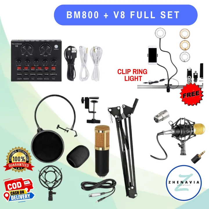 ZHENAVIA Authentic BM-800 Condenser Microphone Kit With V8 Multifunctional Live Sound Card v8 ...