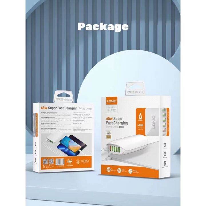 Super fast Charger หัวชาร์จเร็วกำลังไฟ 65W หน้าจอแสดงผล QC5+ PD QC3.0 ตัวเดียวจบ 1USB-C+5USB-A ...