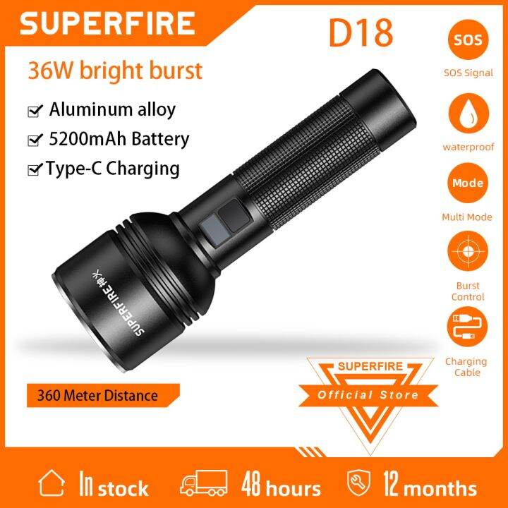 SUPERFIRE D18 Super Bright 36W Flashlight Rechargeable 26650 Battery ...