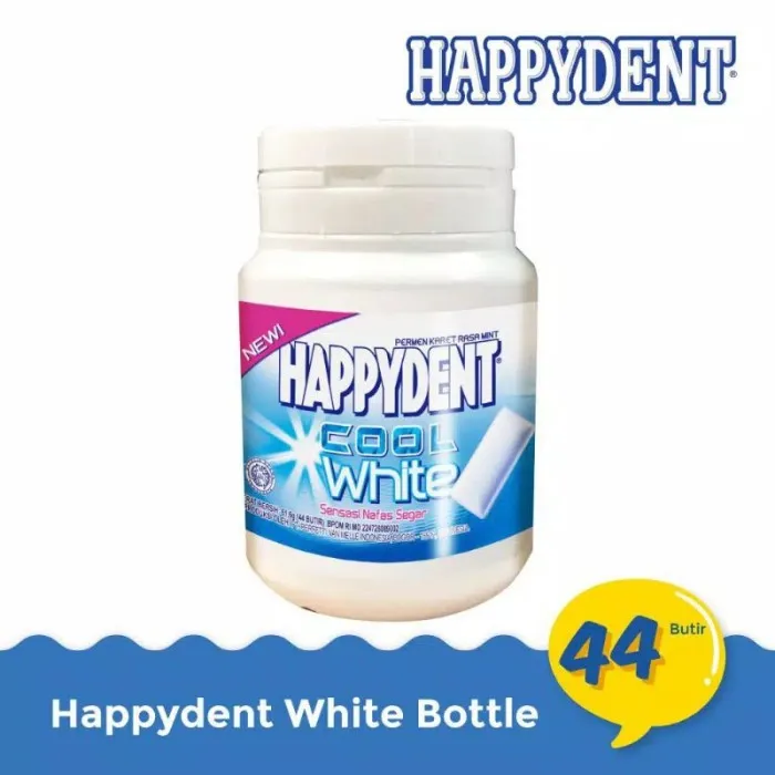 Happydent Cool White Botol 52,8gr isi 44 butir Permen Karet Rasa Mint ...