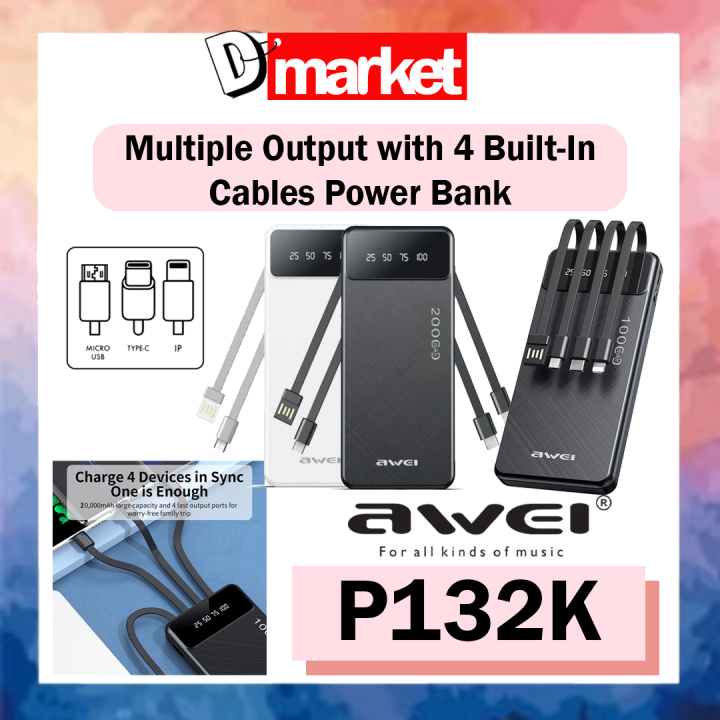 Awei P132K 20000mAh Multiple Output Powerbank with Built-in Cable 2.1A ...