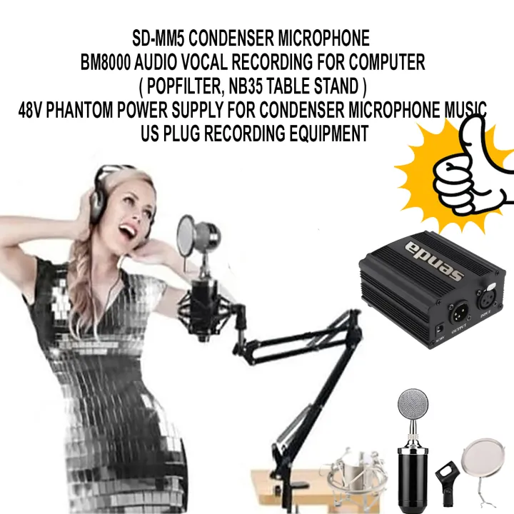 SD-MM5 Condenser Microphone BM8000 Audio Vocal Recording 48V Phantom ...