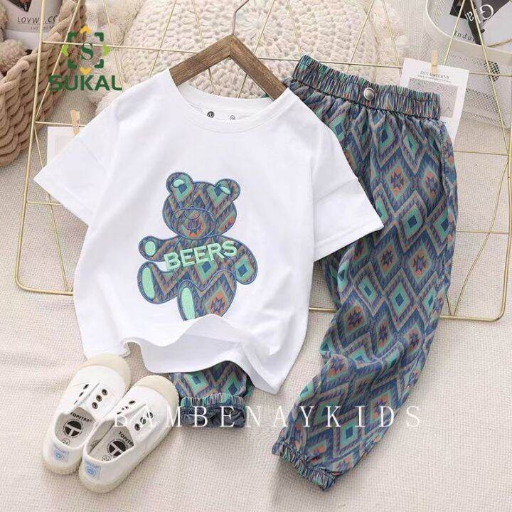 SUKAL ชุดเด็กผู้ชาย ชุดหนุ่มใหญ่ ชุดหมีน้อย เสื้อยืดลายหมี + กางเกงเพชร ...